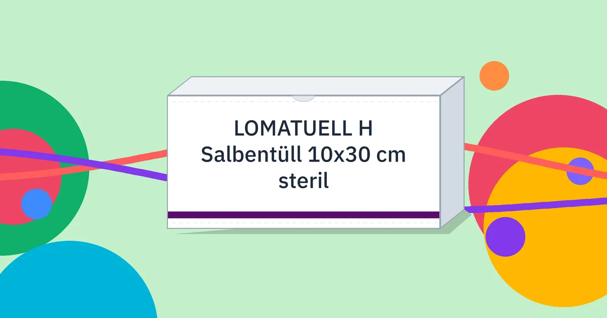 Symbolbild: Packung mit der Aufschrift LOMATUELL H Salbentüll 10x30 cm steril (PZN 15660245) – Verfügbarkeit und Bezug in Apotheken in Frankfurt am Main