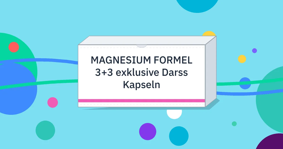 Symbolbild: Packung mit der Aufschrift MAGNESIUM FORMEL 3+3 exklusive Darss Kapseln (PZN 16589006) – Verfügbarkeit und Bezug in Apotheken in Frankfurt am Main