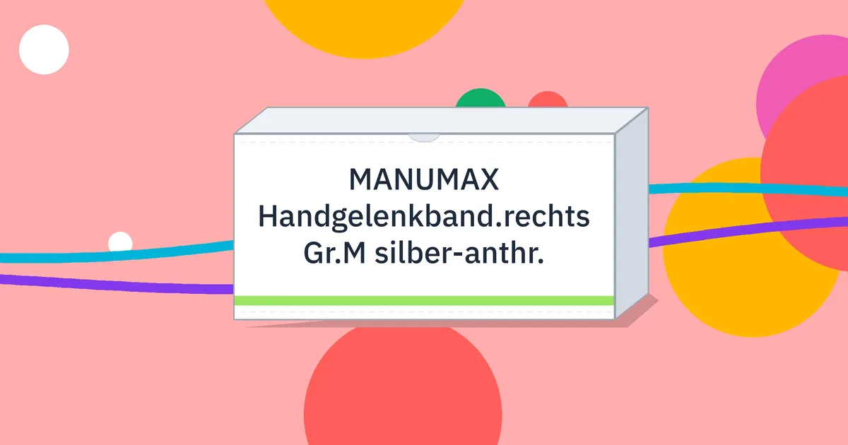 Symbolbild: Packung mit der Aufschrift MANUMAX Handgelenkband.rechts Gr.M silber-anthr. (PZN 11096842) – Verfügbarkeit und Bezug in Apotheken in Frankfurt am Main