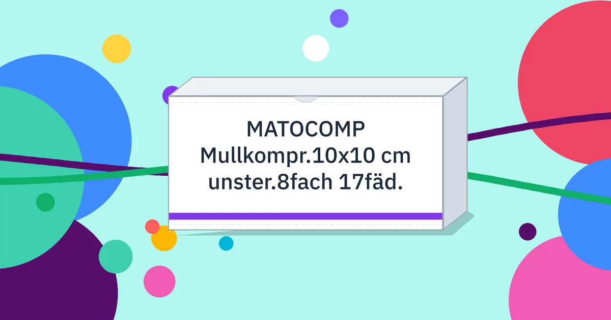 Symbolbild: Packung mit der Aufschrift MATOCOMP Mullkompr.10x10 cm unster.8fach 17fäd. (PZN 16327298) – Verfügbarkeit und Bezug in Apotheken in Frankfurt am Main