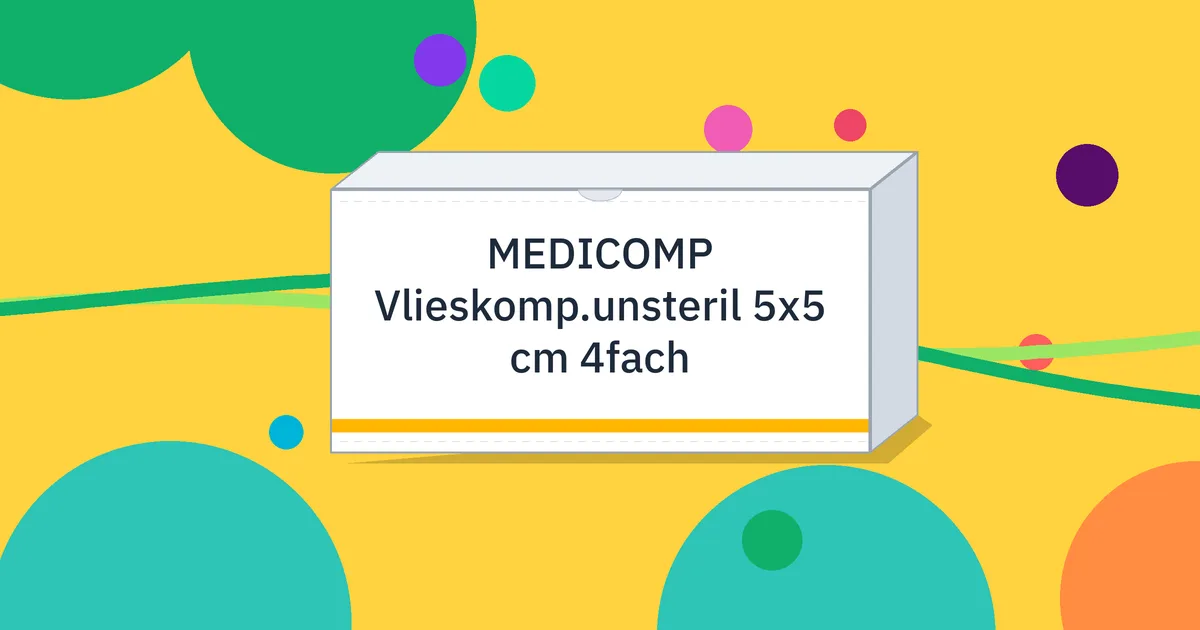 Symbolbild: Packung mit der Aufschrift MEDICOMP Vlieskomp.unsteril 5x5 cm 4fach (PZN 04783832) – Verfügbarkeit und Bezug in Apotheken in Frankfurt am Main