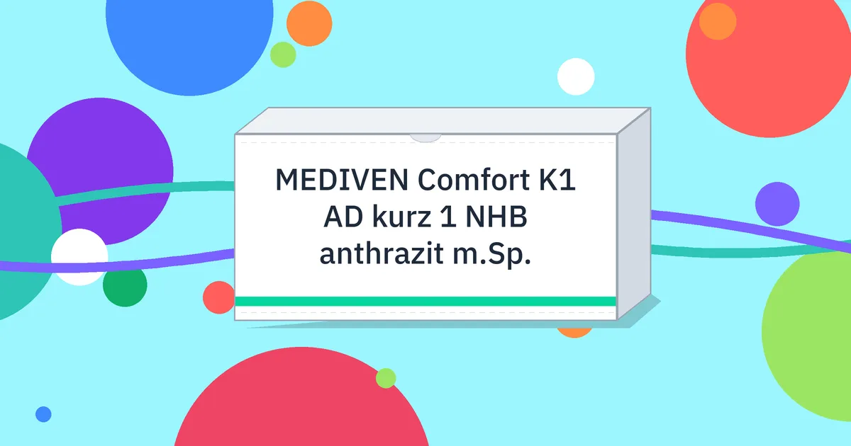 Symbolbild: Packung mit der Aufschrift MEDIVEN Comfort K1 AD kurz 1 NHB anthrazit m.Sp. (PZN 14556095) – Verfügbarkeit und Bezug in Apotheken in Frankfurt am Main