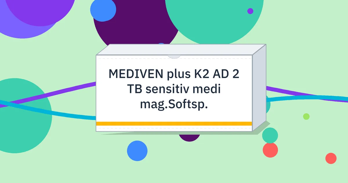 Symbolbild: Packung mit der Aufschrift MEDIVEN plus K2 AD 2 TB sensitiv medi mag.Softsp. (PZN 15105294) – Verfügbarkeit und Bezug in Apotheken in Frankfurt am Main