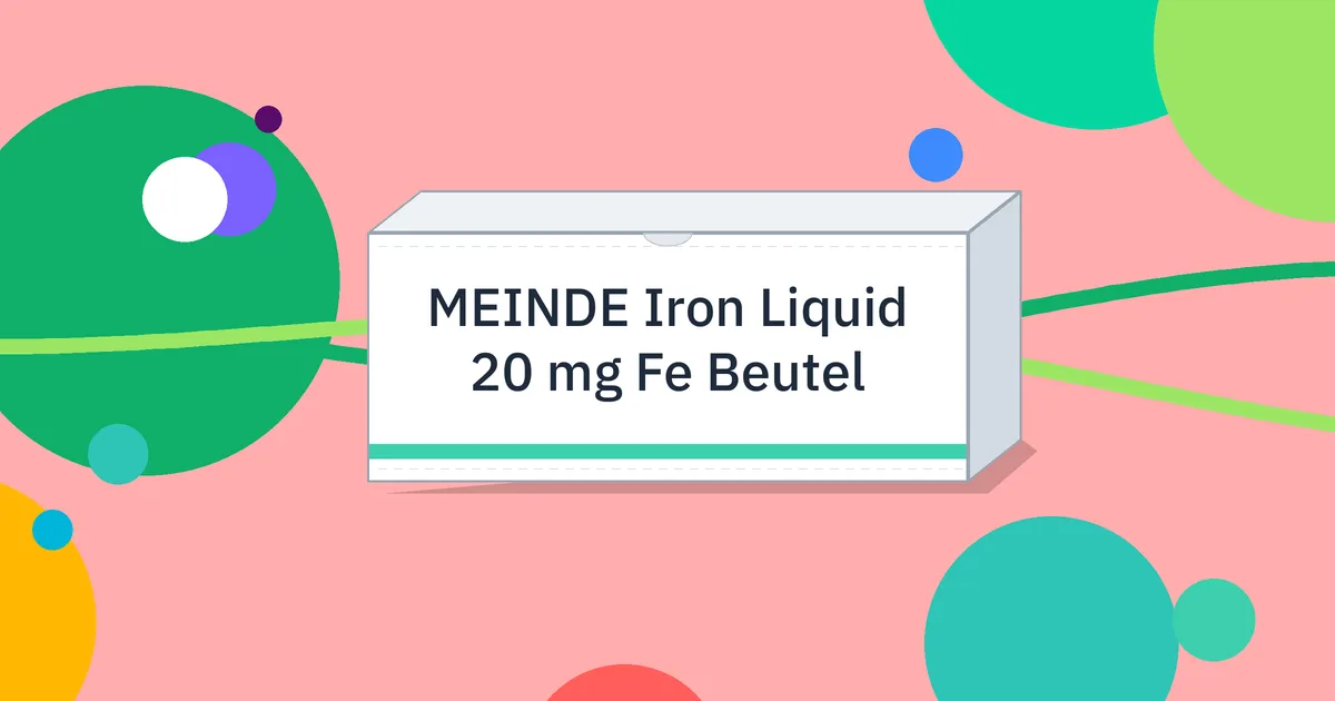 Symbolbild: Packung mit der Aufschrift MEINDE Iron Liquid 20 mg Fe Beutel (PZN 20107562) – Verfügbarkeit und Bezug in Apotheken in Frankfurt am Main