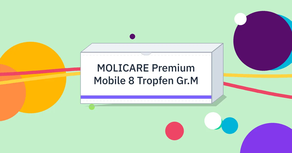 Symbolbild: Packung mit der Aufschrift MOLICARE Premium Mobile 8 Tropfen Gr.M (PZN 14443014) – Verfügbarkeit und Bezug in Apotheken in Frankfurt am Main