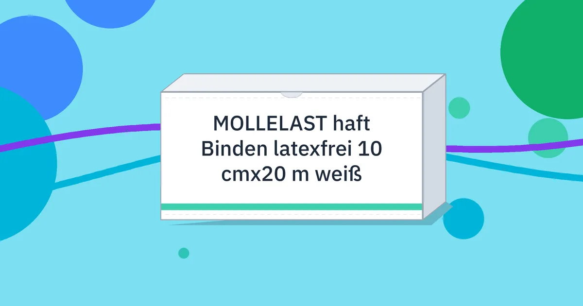 Symbolbild: Packung mit der Aufschrift MOLLELAST haft Binden latexfrei 10 cmx20 m weiß (PZN 09885951) – Verfügbarkeit und Bezug in Apotheken in Frankfurt am Main