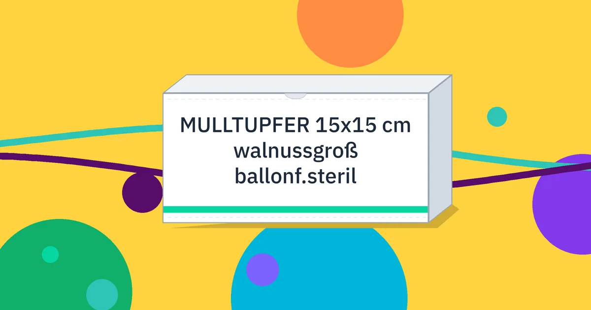 Symbolbild: Packung mit der Aufschrift MULLTUPFER 15x15 cm walnussgroß ballonf.steril (PZN 14266948) – Verfügbarkeit und Bezug in Apotheken in Frankfurt am Main