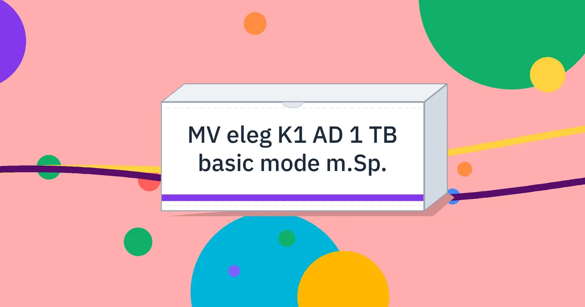 Symbolbild: Packung mit der Aufschrift MV eleg K1 AD 1 TB basic mode m.Sp. (PZN 09851716) – Verfügbarkeit und Bezug in Apotheken in Frankfurt am Main