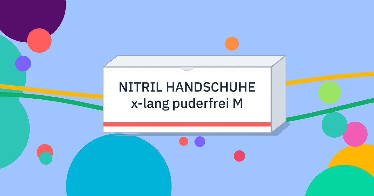 Symbolbild: Packung mit der Aufschrift NITRIL HANDSCHUHE x-lang puderfrei M (PZN 04650864) – Verfügbarkeit und Bezug in Apotheken in Frankfurt am Main