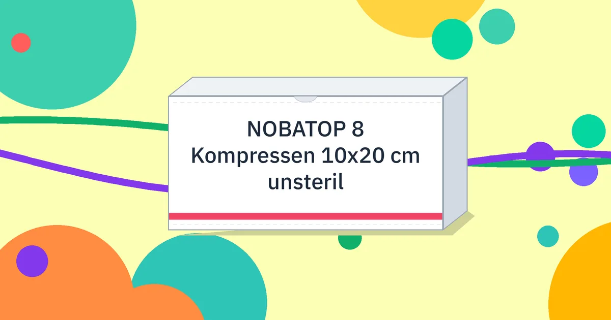 Symbolbild: Packung mit der Aufschrift NOBATOP 8 Kompressen 10x20 cm unsteril (PZN 05508708) – Verfügbarkeit und Bezug in Apotheken in Frankfurt am Main