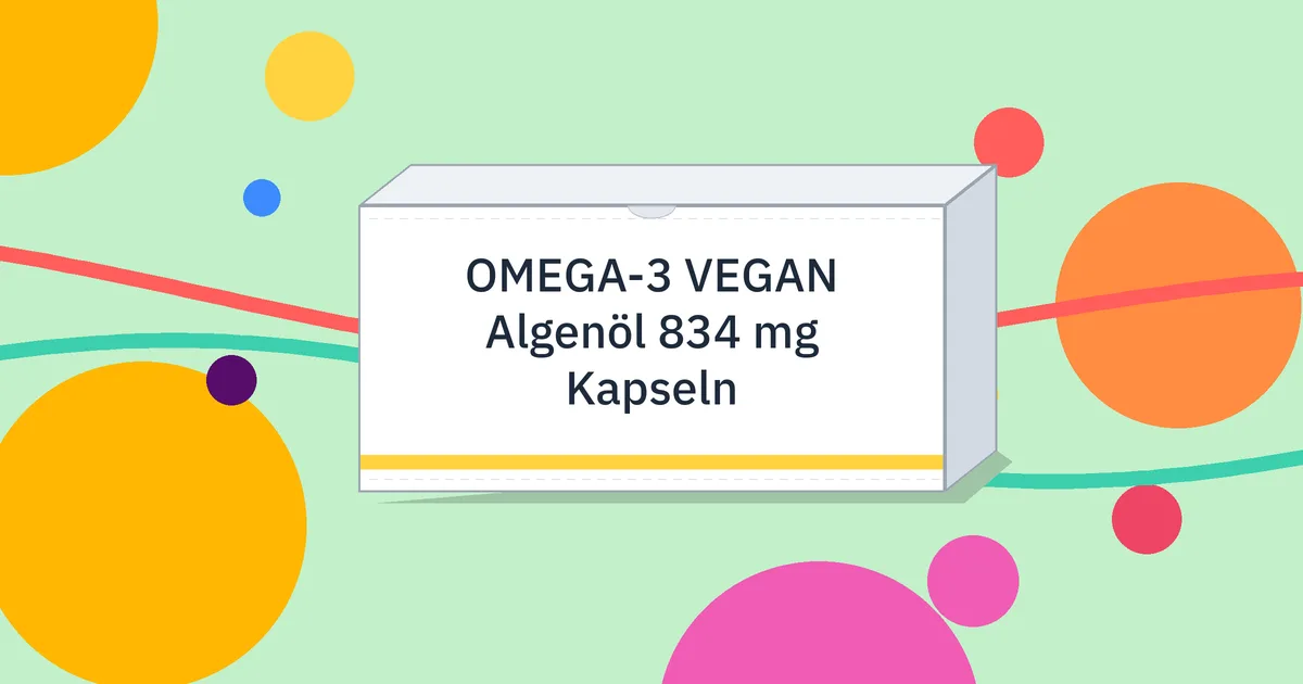 Symbolbild: Packung mit der Aufschrift OMEGA-3 VEGAN Algenöl 834 mg Kapseln (PZN 15191098) – Verfügbarkeit und Bezug in Apotheken in Frankfurt am Main
