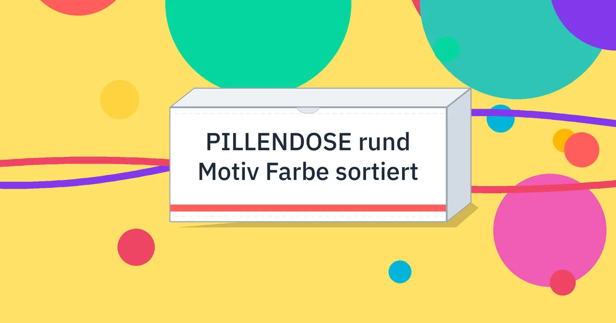 Symbolbild: Packung mit der Aufschrift PILLENDOSE rund Motiv Farbe sortiert (PZN 18662500) – Verfügbarkeit und Bezug in Apotheken in Frankfurt am Main