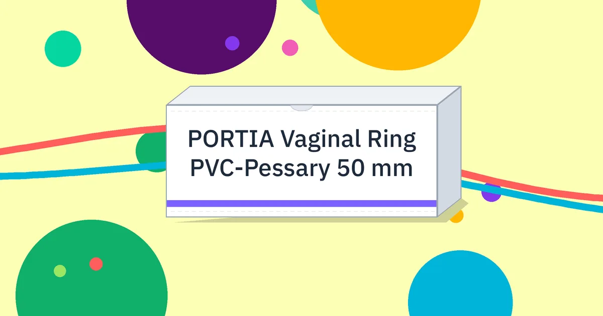 Symbolbild: Packung mit der Aufschrift PORTIA Vaginal Ring PVC-Pessary 50 mm (PZN 12742853) – Verfügbarkeit und Bezug in Apotheken in Frankfurt am Main