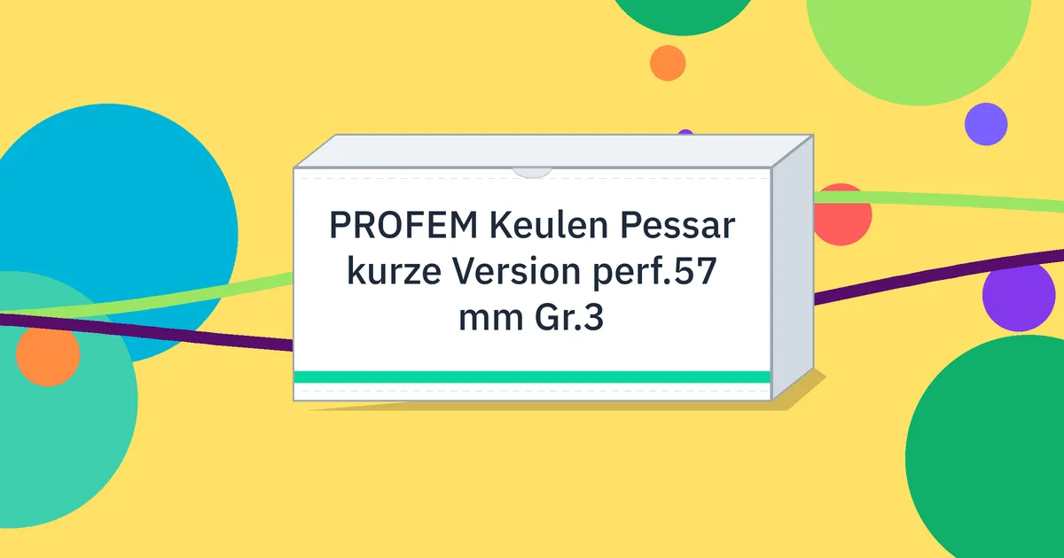 Symbolbild: Packung mit der Aufschrift PROFEM Keulen Pessar kurze Version perf.57 mm Gr.3 (PZN 11671803) – Verfügbarkeit und Bezug in Apotheken in Frankfurt am Main