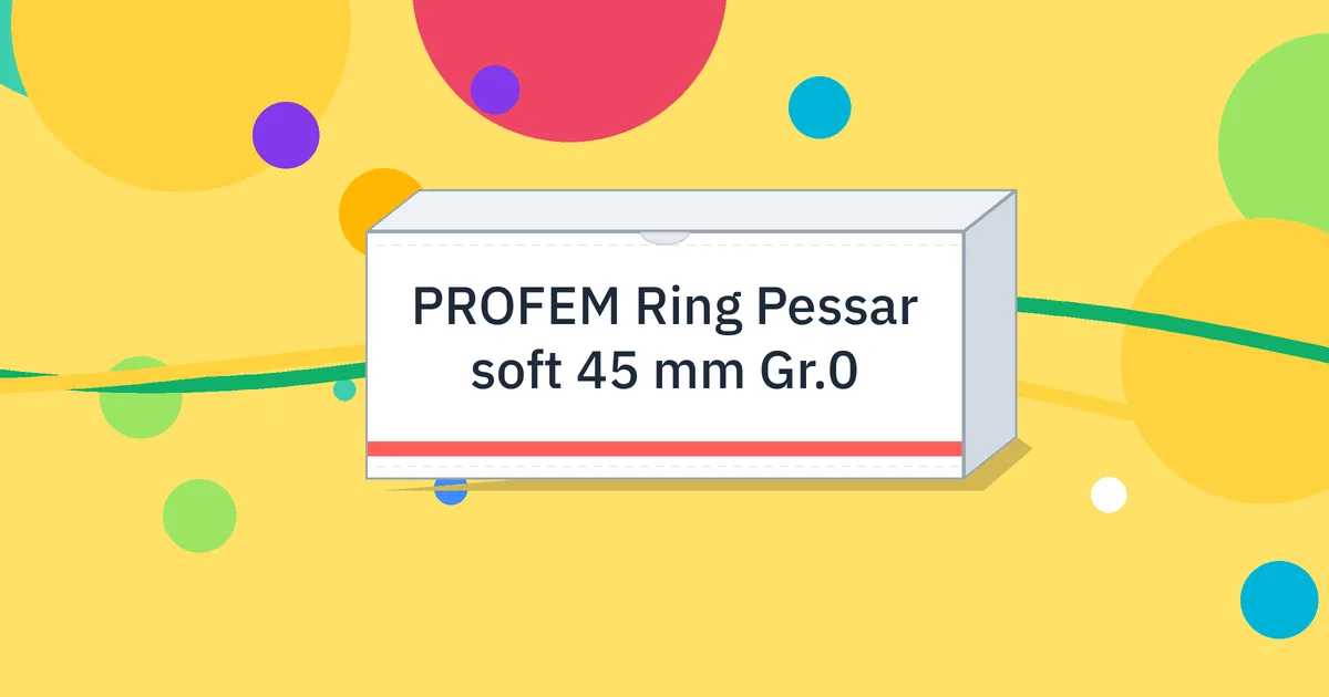 Symbolbild: Packung mit der Aufschrift PROFEM Ring Pessar soft 45 mm Gr.0 (PZN 19292608) – Verfügbarkeit und Bezug in Apotheken in Frankfurt am Main