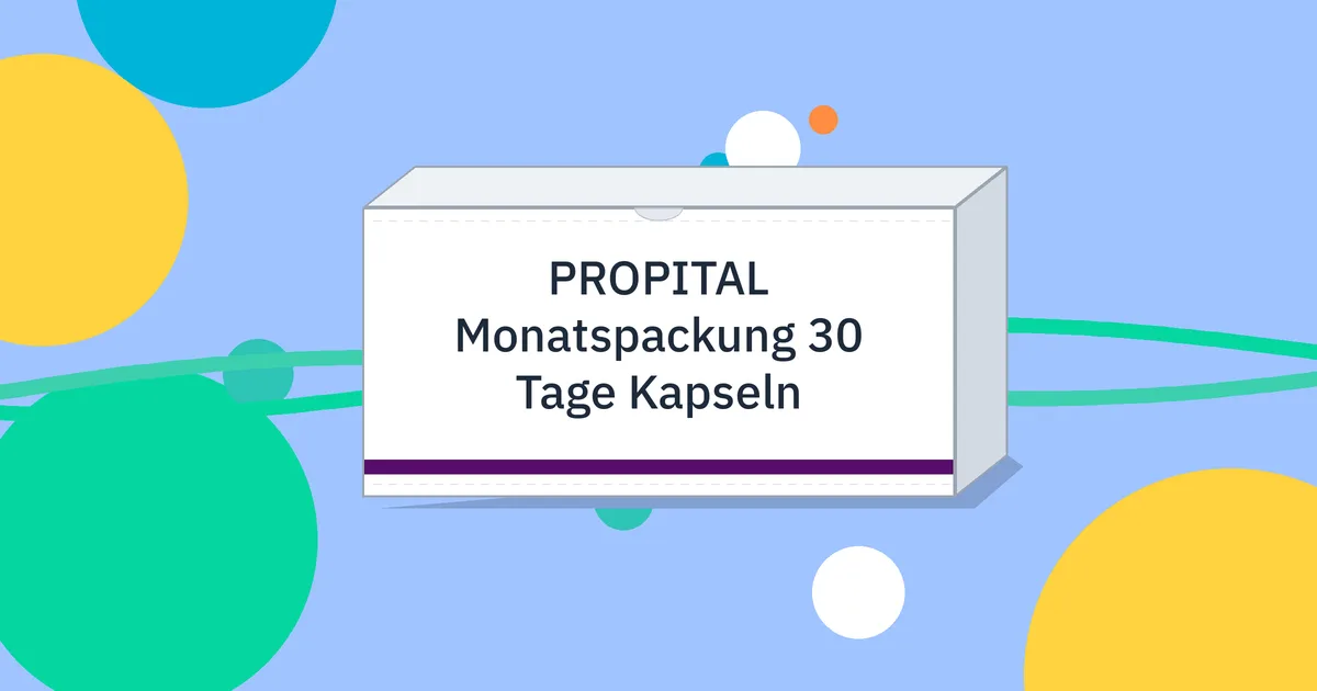 Symbolbild: Packung mit der Aufschrift PROPITAL Monatspackung 30 Tage Kapseln (PZN 13825506) – Verfügbarkeit und Bezug in Apotheken in Frankfurt am Main
