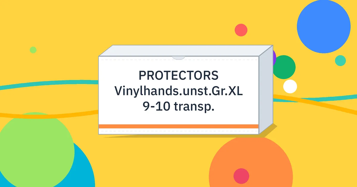 Symbolbild: Packung mit der Aufschrift PROTECTORS Vinylhands.unst.Gr.XL 9-10 transp. (PZN 04689323) – Verfügbarkeit und Bezug in Apotheken in Frankfurt am Main