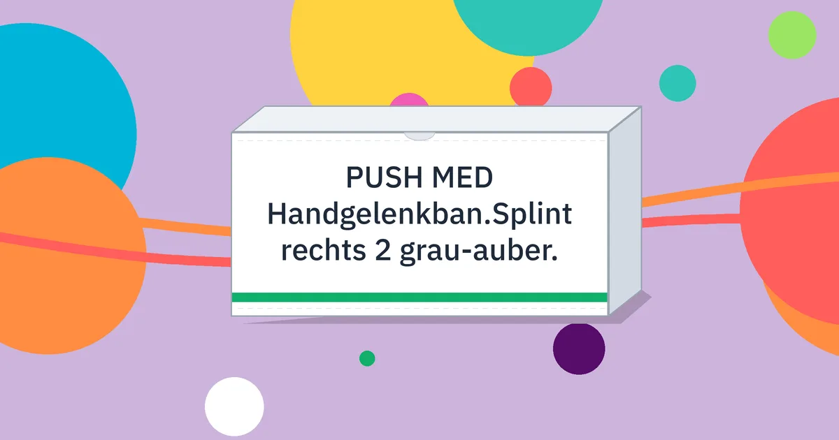 Symbolbild: Packung mit der Aufschrift PUSH MED Handgelenkban.Splint rechts 2 grau-auber. (PZN 04860923) – Verfügbarkeit und Bezug in Apotheken in Frankfurt am Main