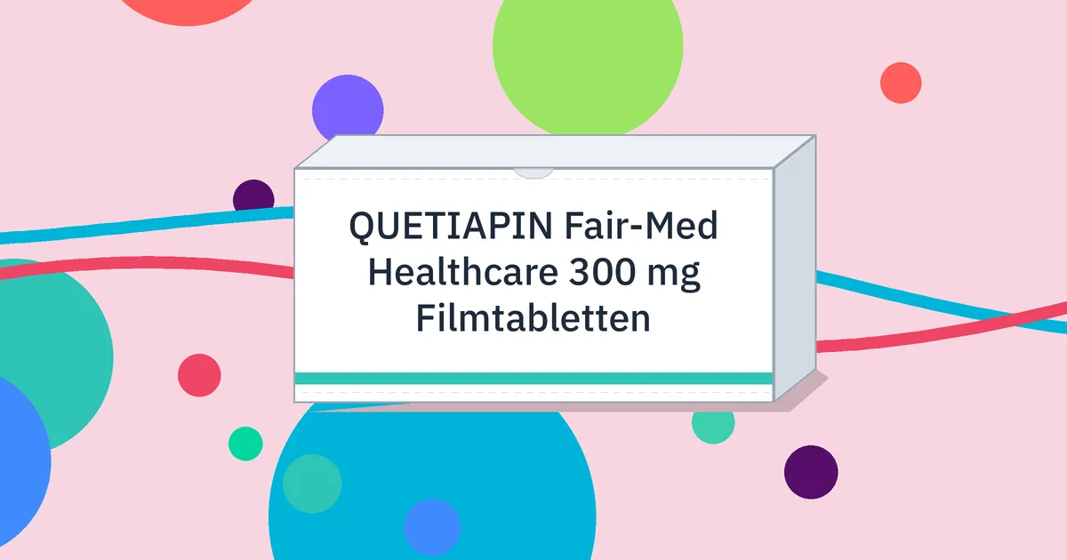 Symbolbild: Packung mit der Aufschrift QUETIAPIN Fair-Med Healthcare 300 mg Filmtabletten (PZN 12494674) – Verfügbarkeit und Bezug in Apotheken in Frankfurt am Main