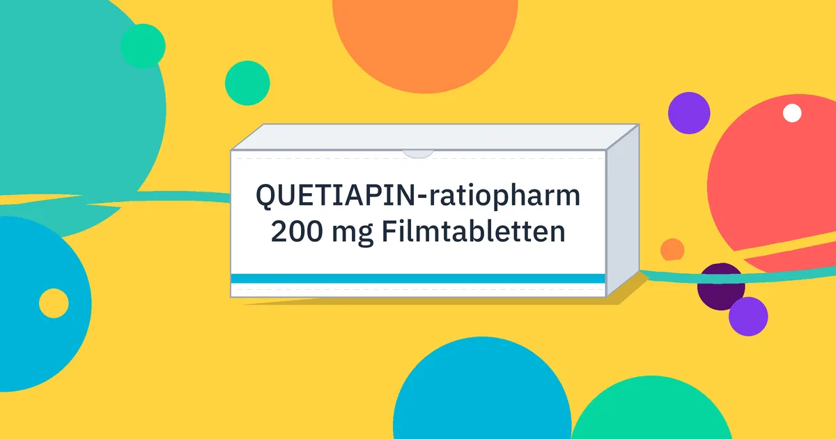 Symbolbild: Packung mit der Aufschrift QUETIAPIN-ratiopharm 200 mg Filmtabletten (PZN 09243230) – Verfügbarkeit und Bezug in Apotheken in Frankfurt am Main