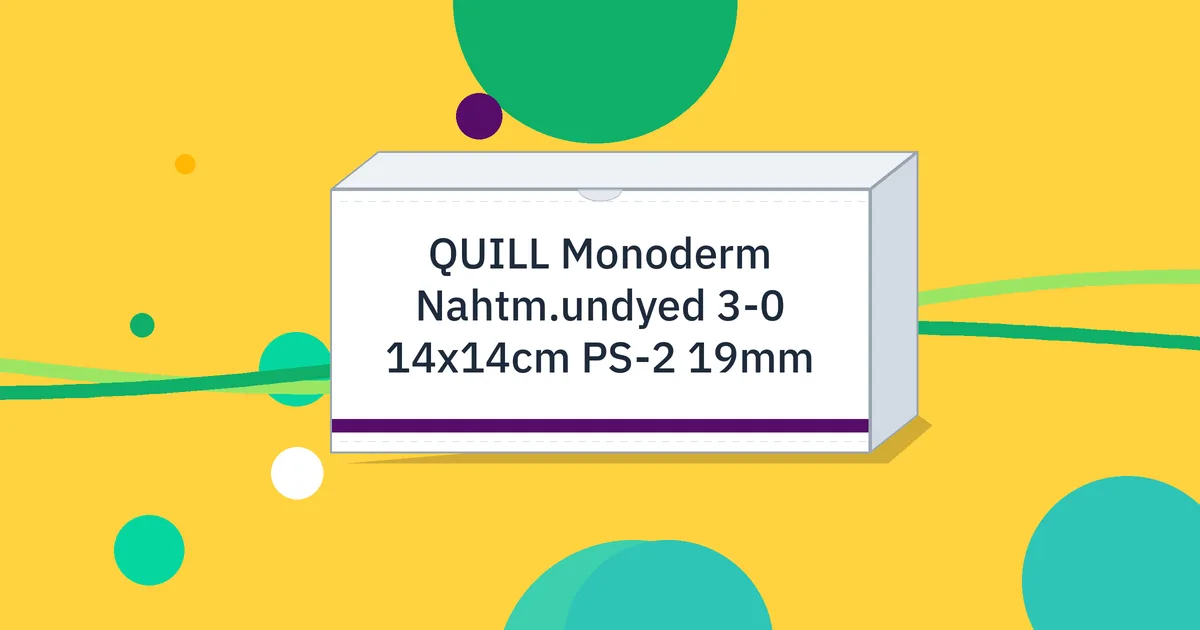 Symbolbild: Packung mit der Aufschrift QUILL Monoderm Nahtm.undyed 3-0 14x14cm PS-2 19mm (PZN 17988665) – Verfügbarkeit und Bezug in Apotheken in Frankfurt am Main