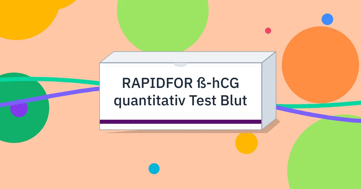 Symbolbild: Packung mit der Aufschrift RAPIDFOR ß-hCG quantitativ Test Blut (PZN 19756284) – Verfügbarkeit und Bezug in Apotheken in Frankfurt am Main