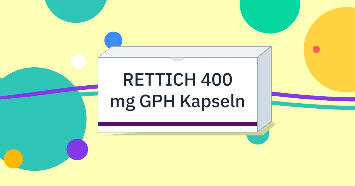 Symbolbild: Packung mit der Aufschrift RETTICH 400 mg GPH Kapseln (PZN 00129834) – Verfügbarkeit und Bezug in Apotheken in Frankfurt am Main