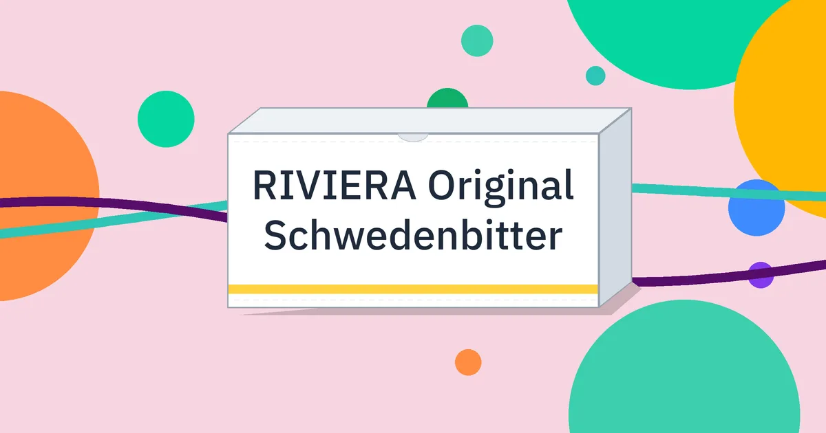 Symbolbild: Packung mit der Aufschrift RIVIERA Original Schwedenbitter (PZN 20893388) – Verfügbarkeit und Bezug in Apotheken in Frankfurt am Main