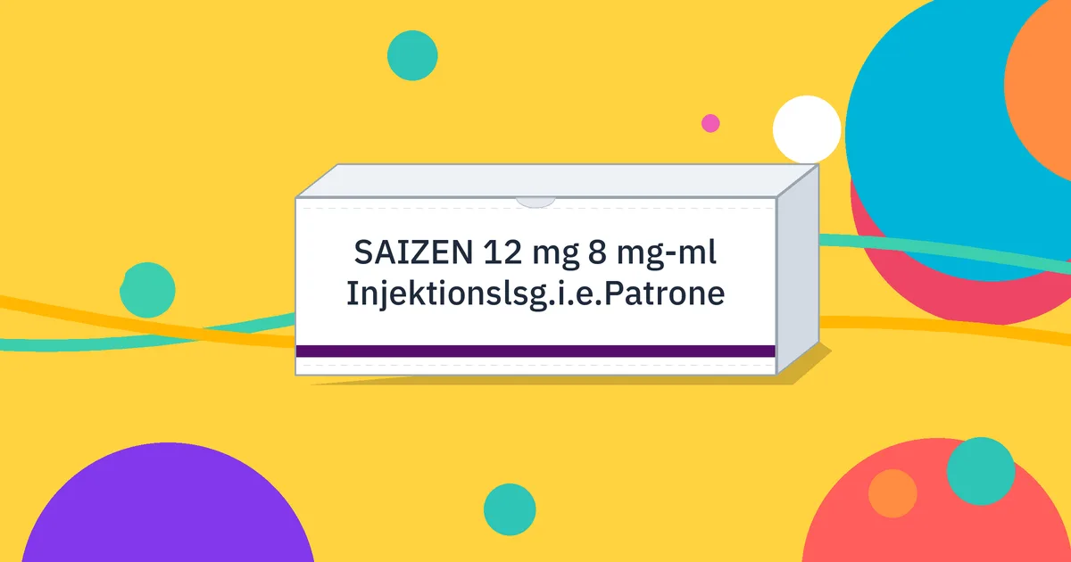 Symbolbild: Packung mit der Aufschrift SAIZEN 12 mg 8 mg-ml Injektionslsg.i.e.Patrone (PZN 18001230) – Verfügbarkeit und Bezug in Apotheken in Frankfurt am Main