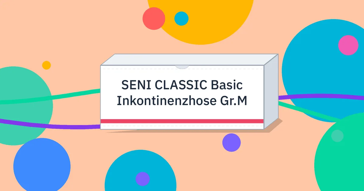 Symbolbild: Packung mit der Aufschrift SENI CLASSIC Basic Inkontinenzhose Gr.M (PZN 15565920) – Verfügbarkeit und Bezug in Apotheken in Frankfurt am Main