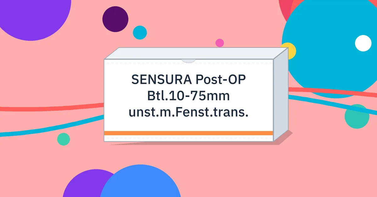 Symbolbild: Packung mit der Aufschrift SENSURA Post-OP Btl.10-75mm unst.m.Fenst.trans. (PZN 07790761) – Verfügbarkeit und Bezug in Apotheken in Frankfurt am Main