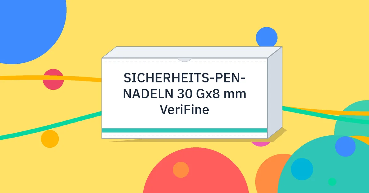 Symbolbild: Packung mit der Aufschrift SICHERHEITS-PEN-NADELN 30 Gx8 mm VeriFine (PZN 17376608) – Verfügbarkeit und Bezug in Apotheken in Frankfurt am Main