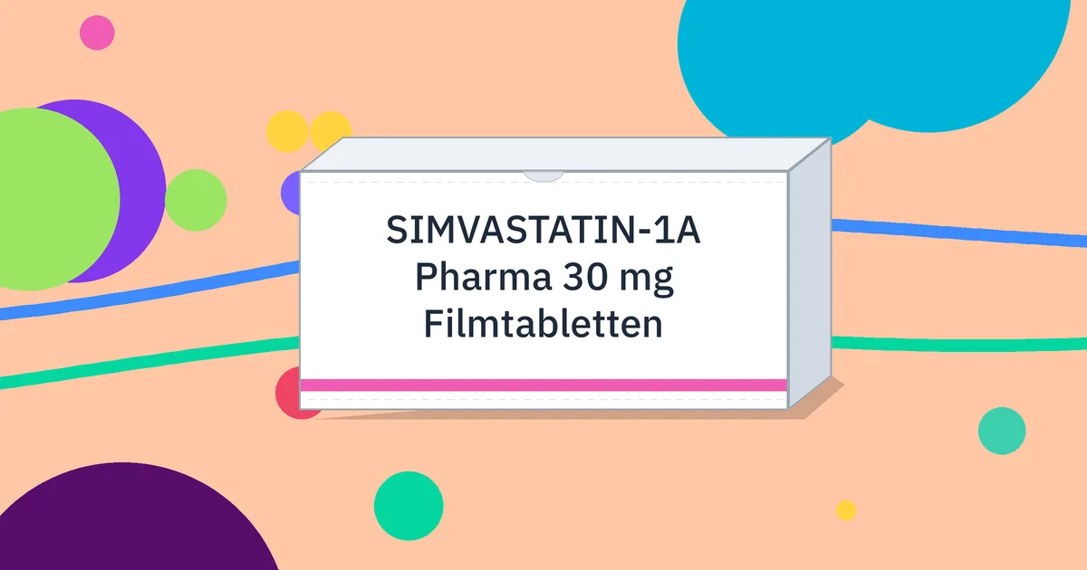 Symbolbild: Packung mit der Aufschrift SIMVASTATIN-1A Pharma 30 mg Filmtabletten (PZN 00766765) – Verfügbarkeit und Bezug in Apotheken in Frankfurt am Main