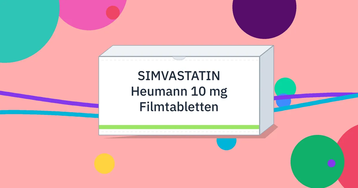 Symbolbild: Packung mit der Aufschrift SIMVASTATIN Heumann 10 mg Filmtabletten (PZN 10174563) – Verfügbarkeit und Bezug in Apotheken in Frankfurt am Main