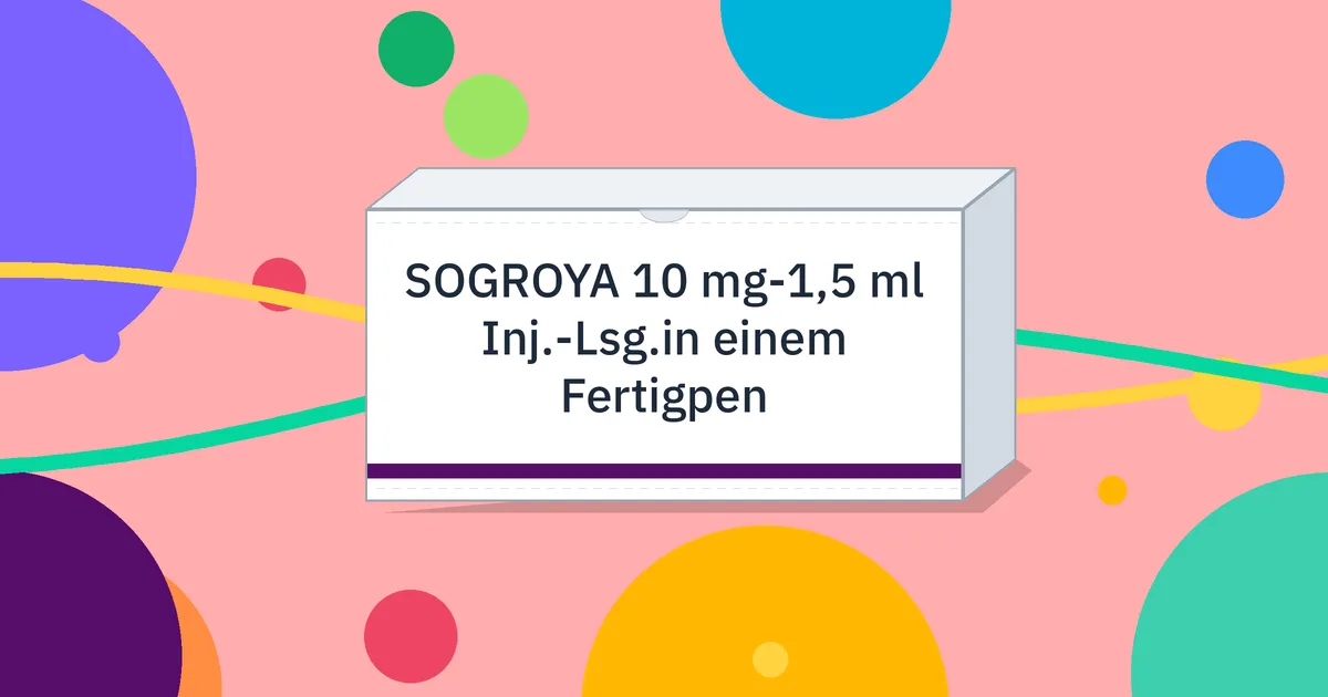 Symbolbild: Packung mit der Aufschrift SOGROYA 10 mg-1,5 ml Inj.-Lsg.in einem Fertigpen (PZN 20195218) – Verfügbarkeit und Bezug in Apotheken in Frankfurt am Main
