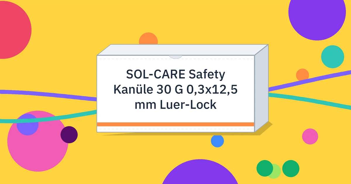 Symbolbild: Packung mit der Aufschrift SOL-CARE Safety Kanüle 30 G 0,3x12,5 mm Luer-Lock (PZN 20328263) – Verfügbarkeit und Bezug in Apotheken in Frankfurt am Main