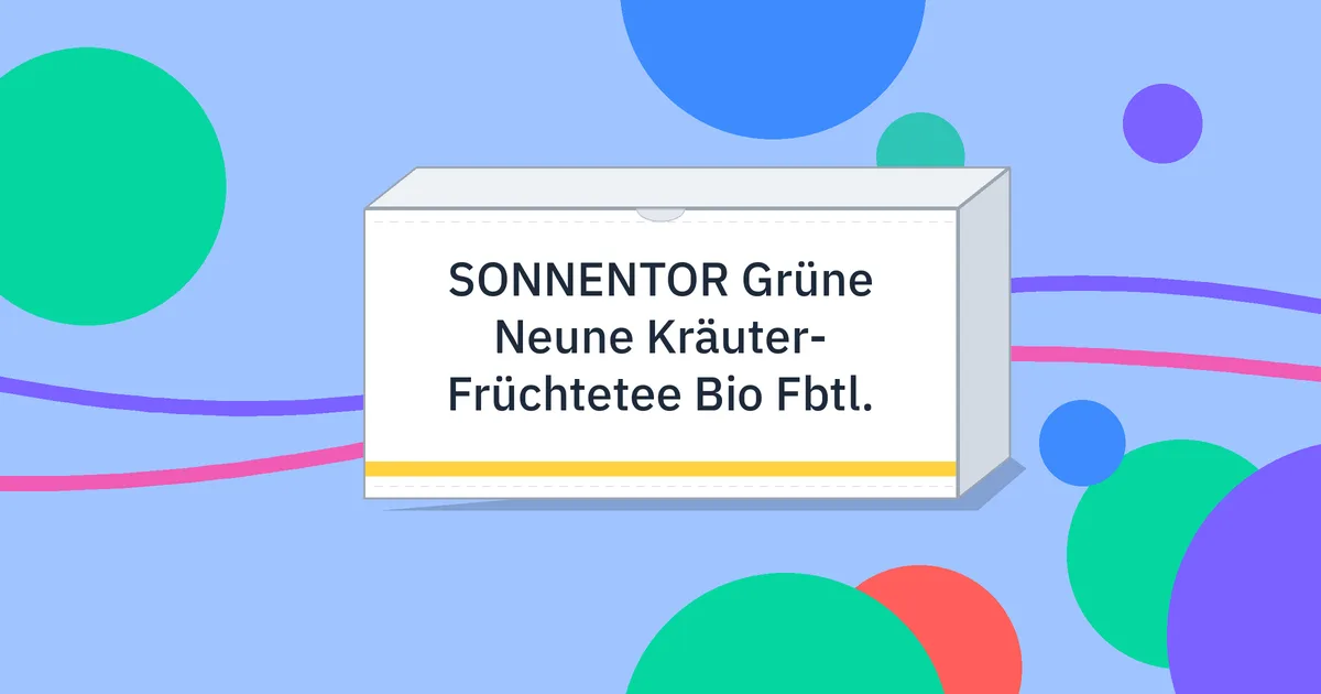 Symbolbild: Packung mit der Aufschrift SONNENTOR Grüne Neune Kräuter-Früchtetee Bio Fbtl. (PZN 18904363) – Verfügbarkeit und Bezug in Apotheken in Frankfurt am Main