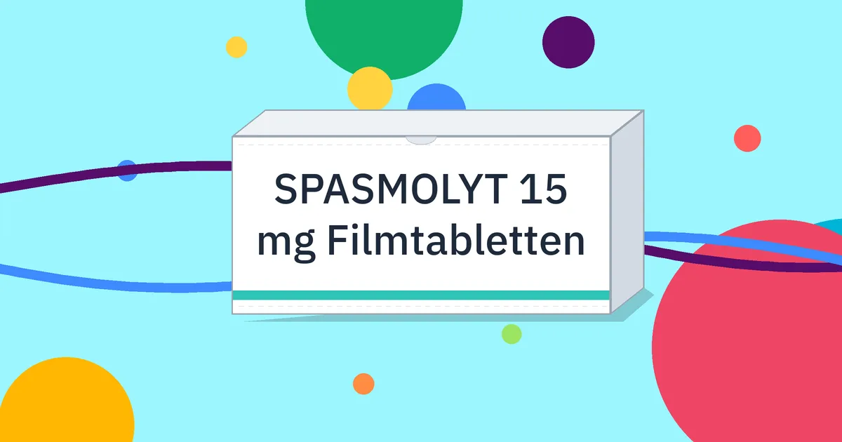 Symbolbild: Packung mit der Aufschrift SPASMOLYT 15 mg Filmtabletten (PZN 09384781) – Verfügbarkeit und Bezug in Apotheken in Frankfurt am Main