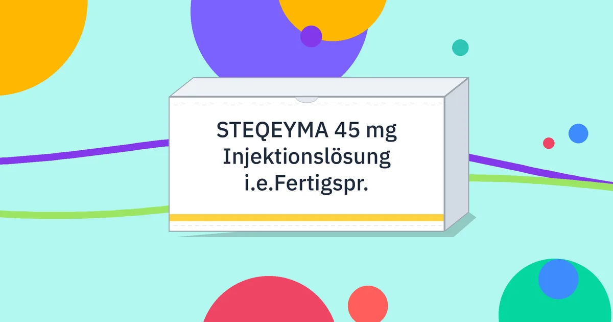 Symbolbild: Packung mit der Aufschrift STEQEYMA 45 mg Injektionslösung i.e.Fertigspr. (PZN 19840197) – Verfügbarkeit und Bezug in Apotheken in Frankfurt am Main