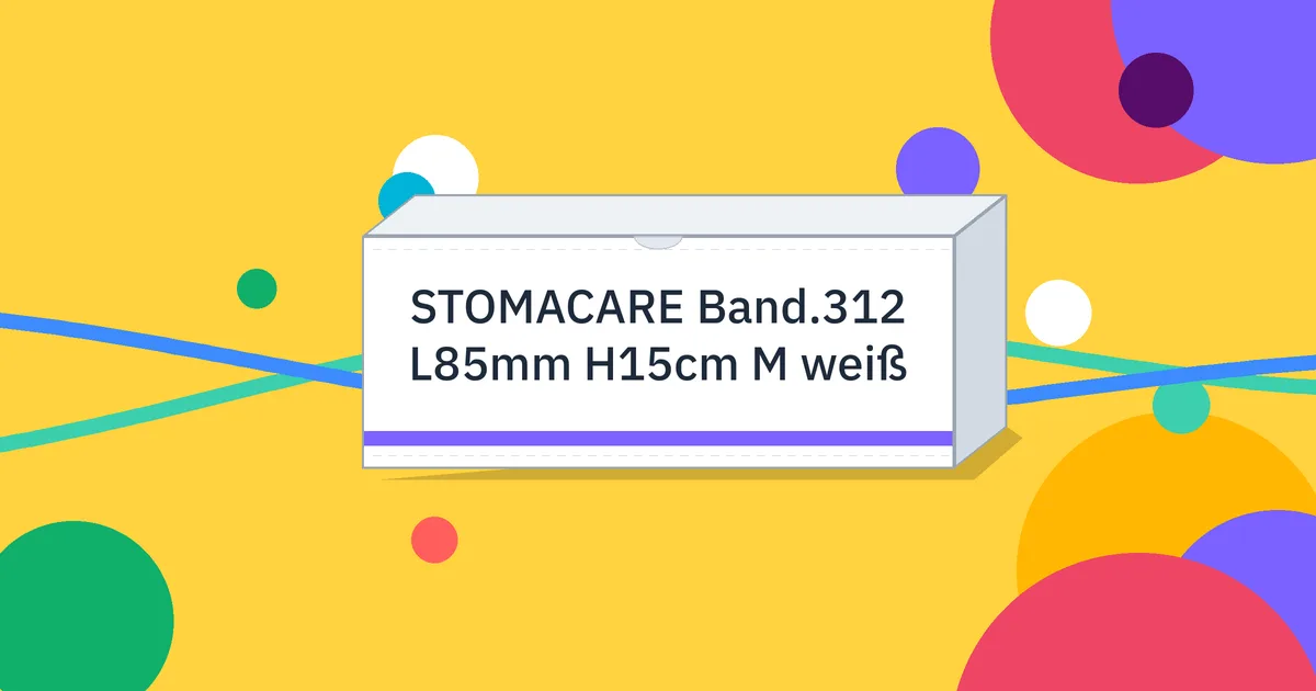 Symbolbild: Packung mit der Aufschrift STOMACARE Band.312 L85mm H15cm M weiß (PZN 09437158) – Verfügbarkeit und Bezug in Apotheken in Frankfurt am Main