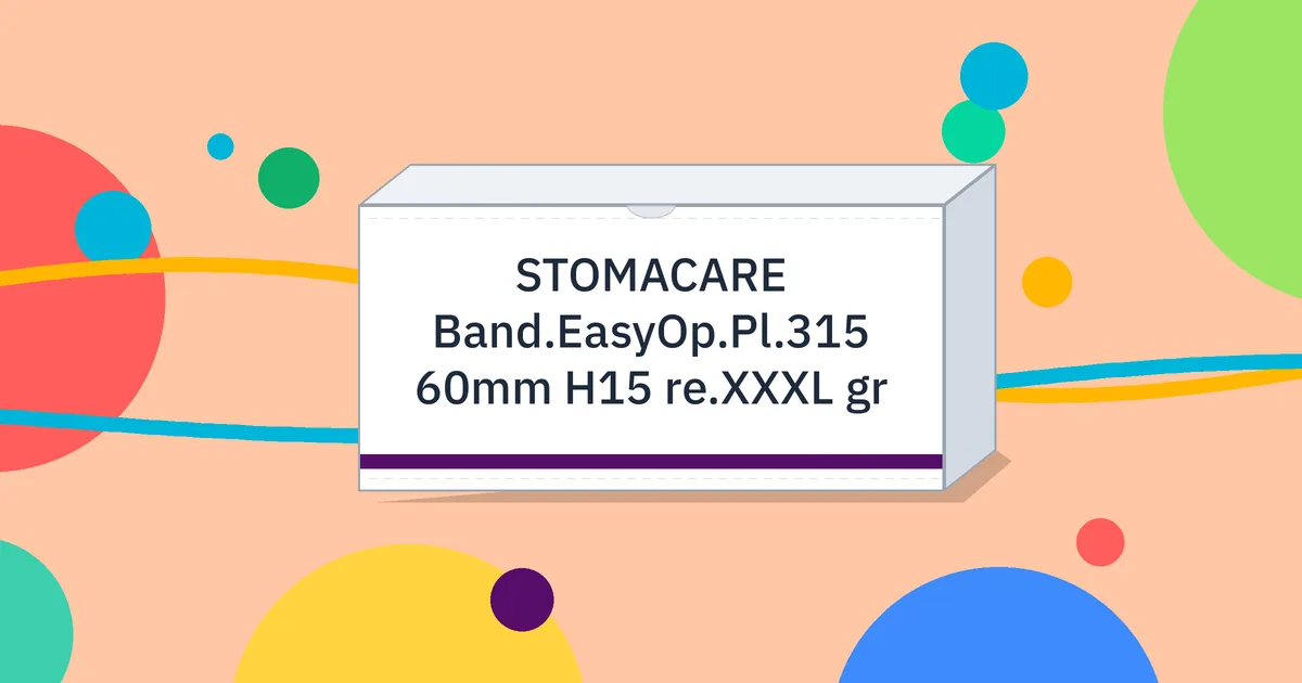 Symbolbild: Packung mit der Aufschrift STOMACARE Band.EasyOp.Pl.315 60mm H15 re.XXXL gr (PZN 17905521) – Verfügbarkeit und Bezug in Apotheken in Frankfurt am Main