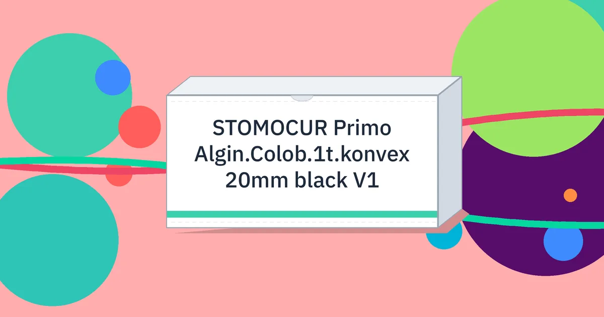 Symbolbild: Packung mit der Aufschrift STOMOCUR Primo Algin.Colob.1t.konvex 20mm black V1 (PZN 19536855) – Verfügbarkeit und Bezug in Apotheken in Frankfurt am Main