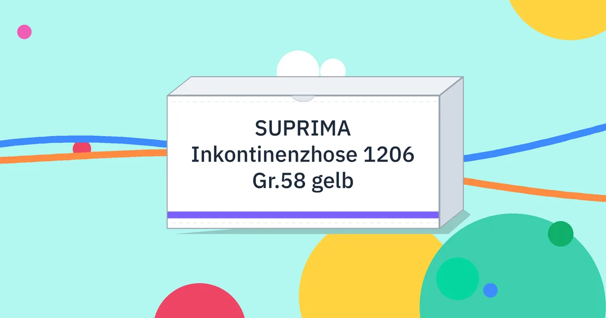 Symbolbild: Packung mit der Aufschrift SUPRIMA Inkontinenzhose 1206 Gr.58 gelb (PZN 01515002) – Verfügbarkeit und Bezug in Apotheken in Frankfurt am Main