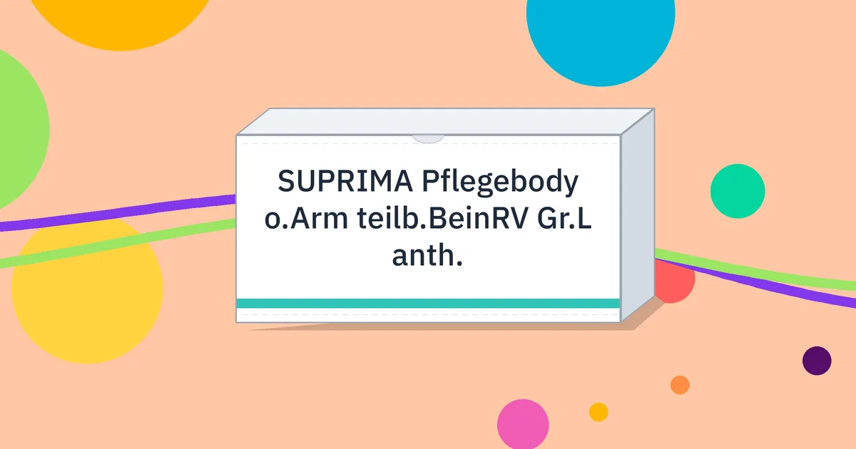 Symbolbild: Packung mit der Aufschrift SUPRIMA Pflegebody o.Arm teilb.BeinRV Gr.L anth. (PZN 10710984) – Verfügbarkeit und Bezug in Apotheken in Frankfurt am Main