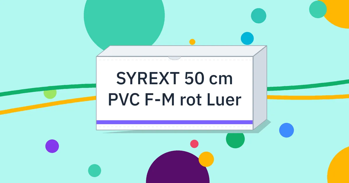 Symbolbild: Packung mit der Aufschrift SYREXT 50 cm PVC F-M rot Luer (PZN 17897678) – Verfügbarkeit und Bezug in Apotheken in Frankfurt am Main