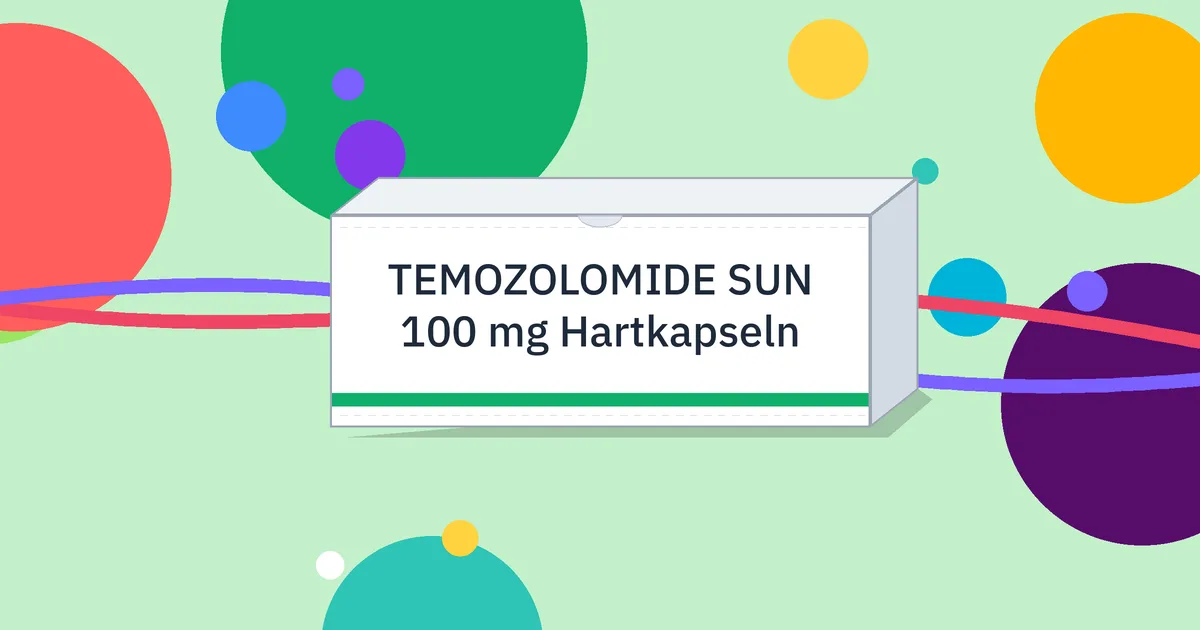 Symbolbild: Packung mit der Aufschrift TEMOZOLOMIDE SUN 100 mg Hartkapseln (PZN 09281986) – Verfügbarkeit und Bezug in Apotheken in Frankfurt am Main