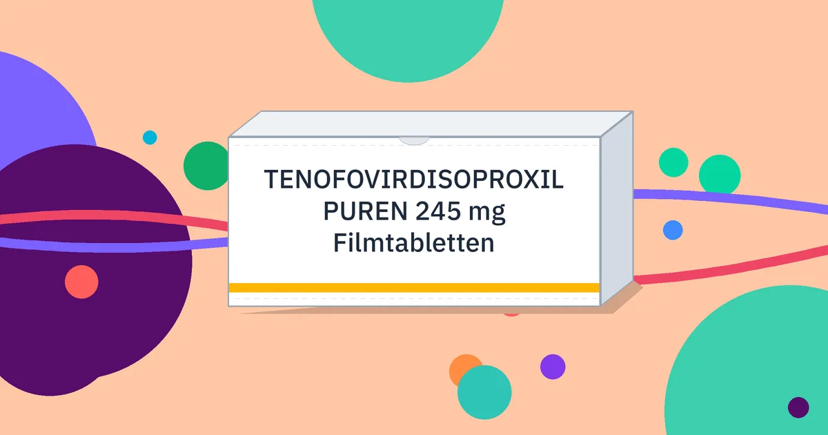Symbolbild: Packung mit der Aufschrift TENOFOVIRDISOPROXIL PUREN 245 mg Filmtabletten (PZN 13861057) – Verfügbarkeit und Bezug in Apotheken in Frankfurt am Main