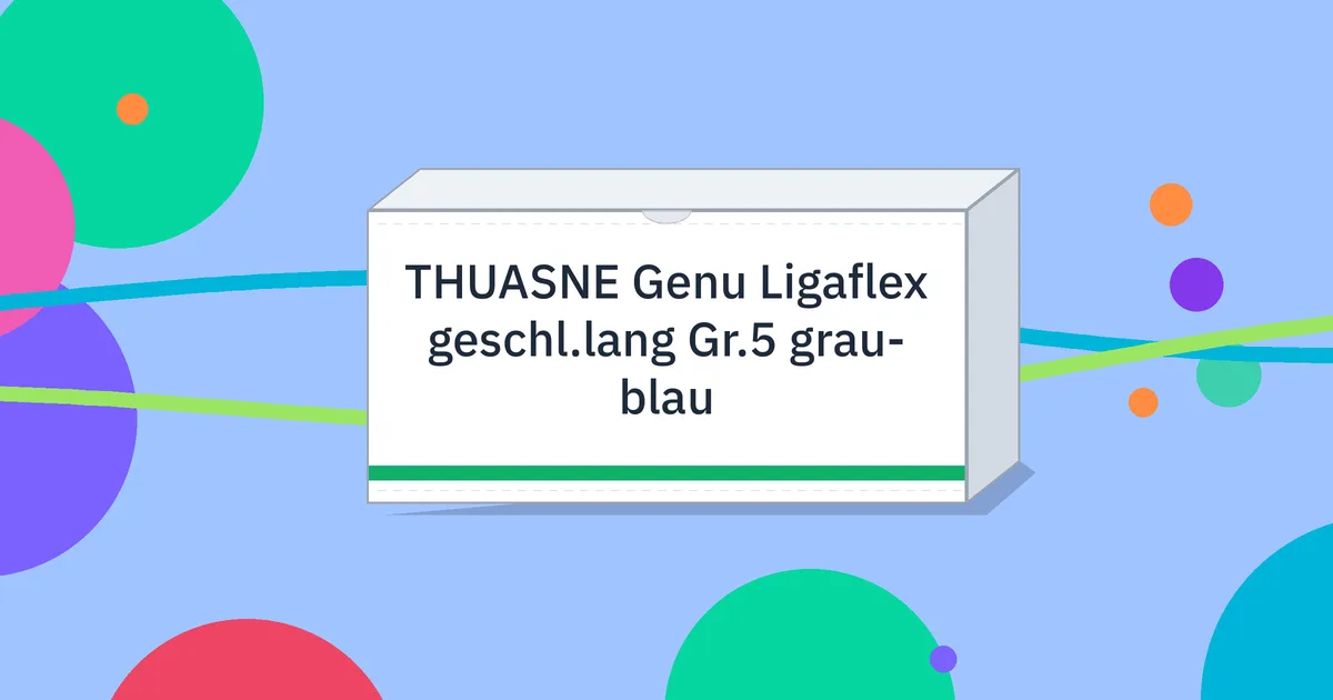 Symbolbild: Packung mit der Aufschrift THUASNE Genu Ligaflex geschl.lang Gr.5 grau-blau (PZN 11330628) – Verfügbarkeit und Bezug in Apotheken in Frankfurt am Main