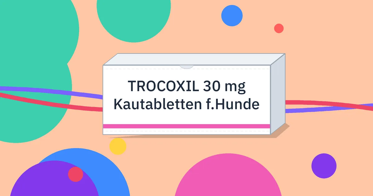Symbolbild: Packung mit der Aufschrift TROCOXIL 30 mg Kautabletten f.Hunde (PZN 05738294) – Verfügbarkeit und Bezug in Apotheken in Frankfurt am Main