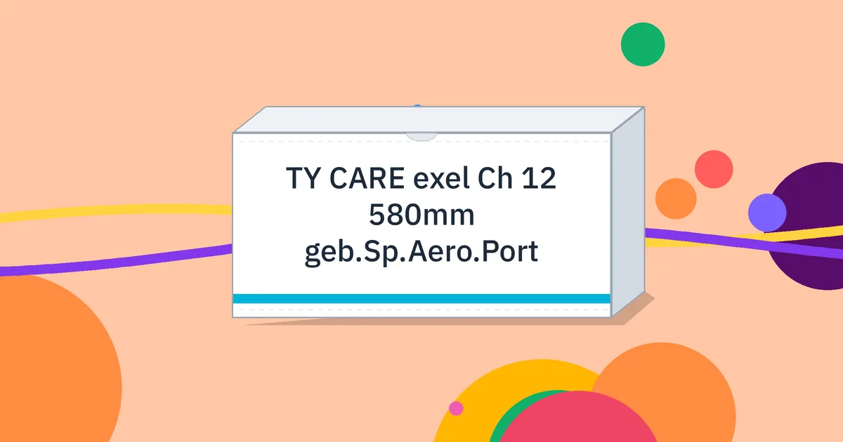 Symbolbild: Packung mit der Aufschrift TY CARE exel Ch 12 580mm geb.Sp.Aero.Port (PZN 00814398) – Verfügbarkeit und Bezug in Apotheken in Frankfurt am Main